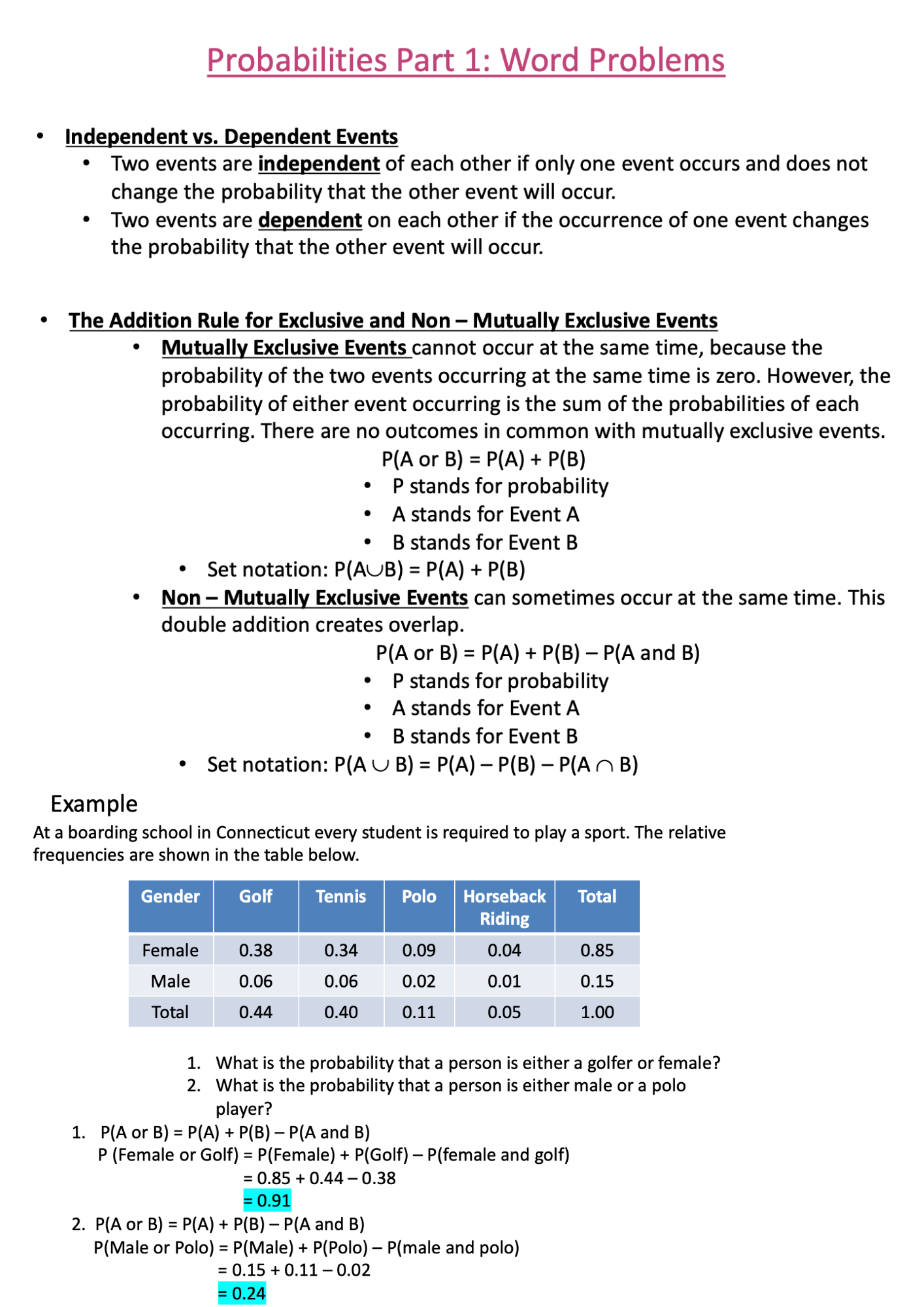 Probabilities Part 1: Word Problems Lecture Notes